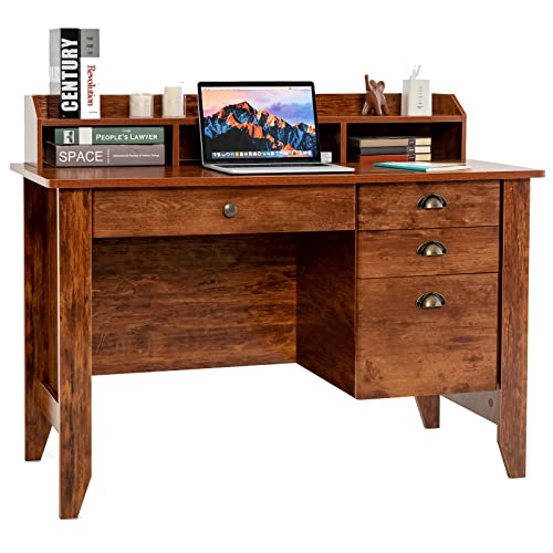 Tangkula Computer Desk with 4 Storage Drawers & Hutch, 48" Home Office Desk Vintage Desk with Storage File Drawer & Cable Management Hole, Wooden Executive Desk Writing Study Desk