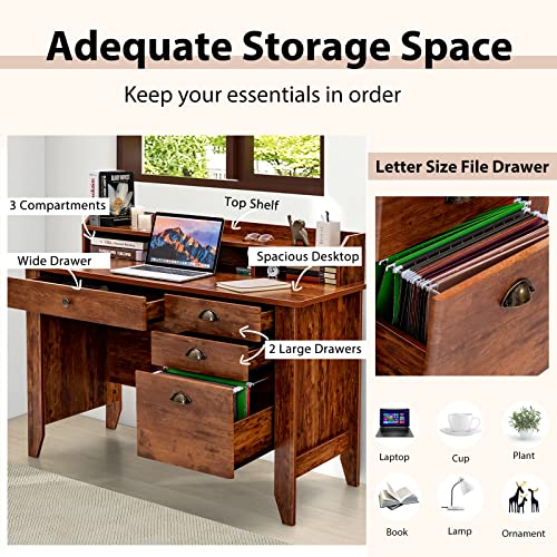 Tangkula Computer Desk with 4 Storage Drawers & Hutch, 48" Home Office Desk Vintage Desk with Storage File Drawer & Cable Management Hole, Wooden Executive Desk Writing Study Desk