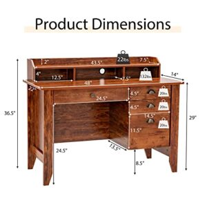 Tangkula Computer Desk with 4 Storage Drawers & Hutch, 48" Home Office Desk Vintage Desk with Storage File Drawer & Cable Management Hole, Wooden Executive Desk Writing Study Desk