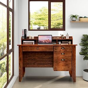 Tangkula Computer Desk with 4 Storage Drawers & Hutch, 48" Home Office Desk Vintage Desk with Storage File Drawer & Cable Management Hole, Wooden Executive Desk Writing Study Desk