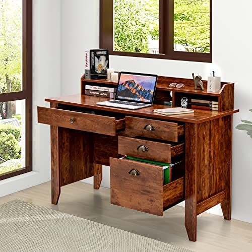 Tangkula Computer Desk with 4 Storage Drawers & Hutch, 48" Home Office Desk Vintage Desk with Storage File Drawer & Cable Management Hole, Wooden Executive Desk Writing Study Desk