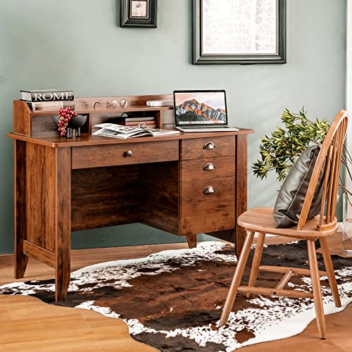 Tangkula Computer Desk with 4 Storage Drawers & Hutch, 48" Home Office Desk Vintage Desk with Storage File Drawer & Cable Management Hole, Wooden Executive Desk Writing Study Desk