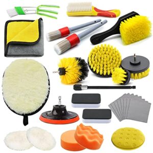 all4detail 28pcs car detailing brush set, car detailing supplies, car cleaning kit (car detailing brushes,drill brush,polishing pads,wheel brush,wash mitt/towel,ceramic coating applicator,suede cloth)