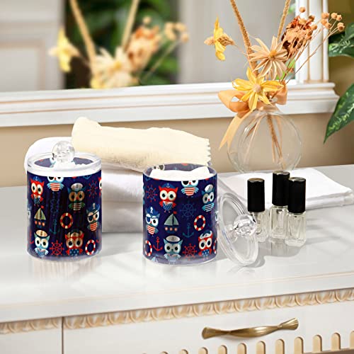 innewgogo Nautical Owls 2 Pack Cotton Swab Ball Holder Organizer Dispenser Plastic Bathroom Jars with Lids Cotton Swab Holder Vanity Countertop Storage Organizer for Cotton Ball Round Pads Floss