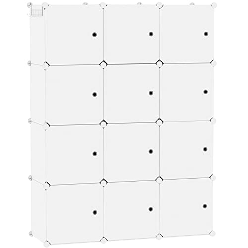 C&AHOME Cube Storage Organizer with Doors, 12-Cube Shelves, Closet Cabinet, DIY Plastic Modular Bookshelf Ideal for Bedroom, Living Room, 36.6”L x 12.4”W x 48.4”H Milky USHS3012M-DOOR