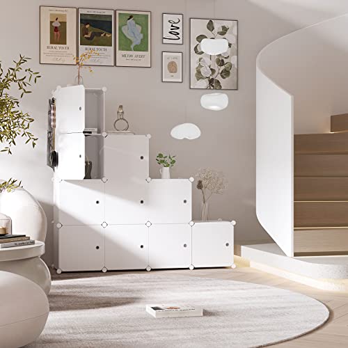 C&AHOME Cube Storage Organizer with Doors, 12-Cube Shelves, Closet Cabinet, DIY Plastic Modular Bookshelf Ideal for Bedroom, Living Room, 36.6”L x 12.4”W x 48.4”H Milky USHS3012M-DOOR