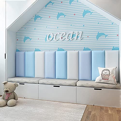 3D Anti-Collision Wall Padding for Kids, Peel and Stick Upholstered Wall Panels, Queen Headboard, Playroom Decorative Protection Panel, Pack of 2 Panels Sized 23.6” X 11.8” (Sky Blue)