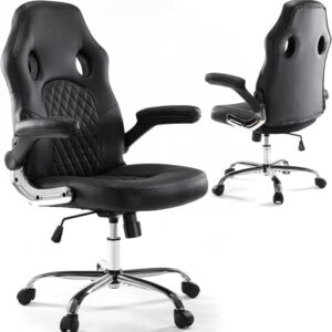 Gaming Chair, Home Office Computer Chair PU Leather Ergonomic Racing Desk Chair Adjustable Height Mid Back ﻿Executive Task Chair with Lumbar Support and Flip Up Armrest, Rocking Swivel Comfty Cushion