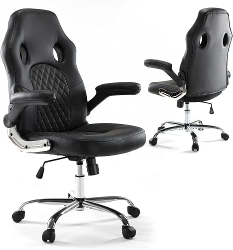 Gaming Chair, Home Office Computer Chair PU Leather Ergonomic Racing Desk Chair Adjustable Height Mid Back ﻿Executive Task Chair with Lumbar Support and Flip Up Armrest, Rocking Swivel Comfty Cushion