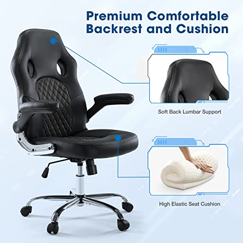 Gaming Chair, Home Office Computer Chair PU Leather Ergonomic Racing Desk Chair Adjustable Height Mid Back ﻿Executive Task Chair with Lumbar Support and Flip Up Armrest, Rocking Swivel Comfty Cushion