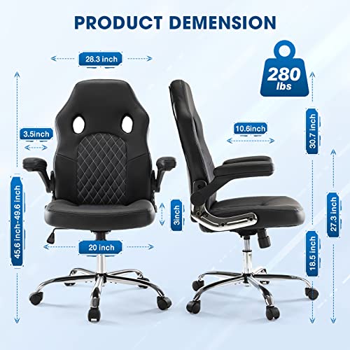 Gaming Chair, Home Office Computer Chair PU Leather Ergonomic Racing Desk Chair Adjustable Height Mid Back ﻿Executive Task Chair with Lumbar Support and Flip Up Armrest, Rocking Swivel Comfty Cushion