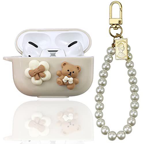 AIIEKZ Cute Kawaii AirPods Pro Case Cover, Lovely Flower Bear Design Smooth Soft Protective Cover for AirPod Pro Case with Pearl Chain for Girls Women (Airpods Pro)