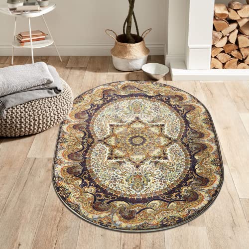 GOMUVIN Boho Tribal Area Rug 3'x5', Washable Persian Distressed Throw Carpet Faux Wool Bohemian Bedroom Rug Non Slip Black Rug Sofa Floor Mat Accent Rugs for Living Room Kitchen Dining Entrance