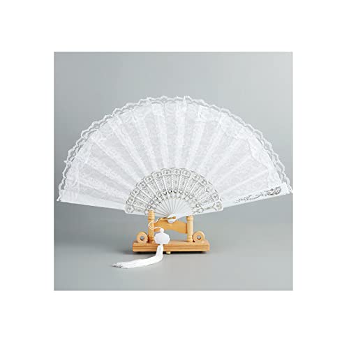 sehtorry White Lace Hand Folding Fan Bridal Dancing Props Floral Handheld Fan for Women Wedding Décor or Party Dess-up Favors