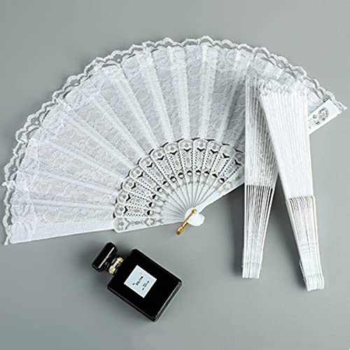 sehtorry White Lace Hand Folding Fan Bridal Dancing Props Floral Handheld Fan for Women Wedding Décor or Party Dess-up Favors