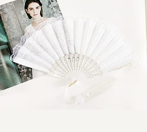 sehtorry White Lace Hand Folding Fan Bridal Dancing Props Floral Handheld Fan for Women Wedding Décor or Party Dess-up Favors