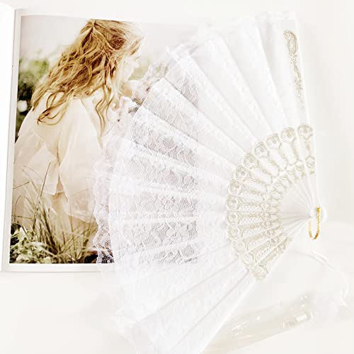 sehtorry White Lace Hand Folding Fan Bridal Dancing Props Floral Handheld Fan for Women Wedding Décor or Party Dess-up Favors