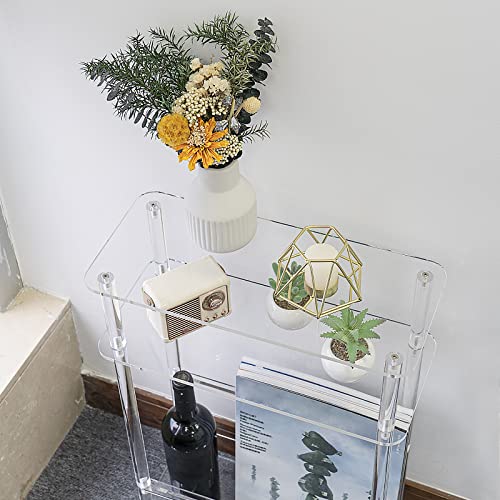 HMYHUM Acrylic Narrow End Table for Small Spaces with Magazine Holder, Slim Side Small Nightstand/Bedside Table for Living Room, Bedroom, 3 Tier, 15.7" L x 7" W x 23" H, Clear