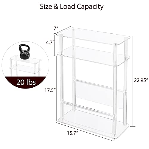 HMYHUM Acrylic Narrow End Table for Small Spaces with Magazine Holder, Slim Side Small Nightstand/Bedside Table for Living Room, Bedroom, 3 Tier, 15.7" L x 7" W x 23" H, Clear