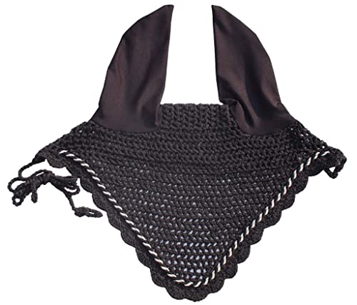 Horse Ear Bonnet Fly Veil Crochet Equestrian with Piping (Black)