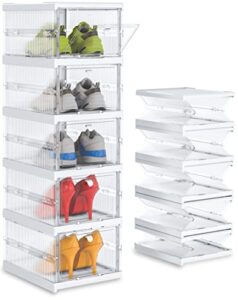 solid plastic not flimsy 5 layers foldable shoe storage boxes or sneaker storage boxes - easy installation- all-in-one clear shoe box with doors - space saving shoe boxes or shoe organizer by utopia home