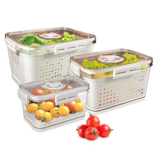 Kqiang 3 Pack Fridge Food Storage Container Set with Lids and Colander Fresh Produce Saver BPA-Free Plastic Vegetable Fruit Meat Storage Organization Bins