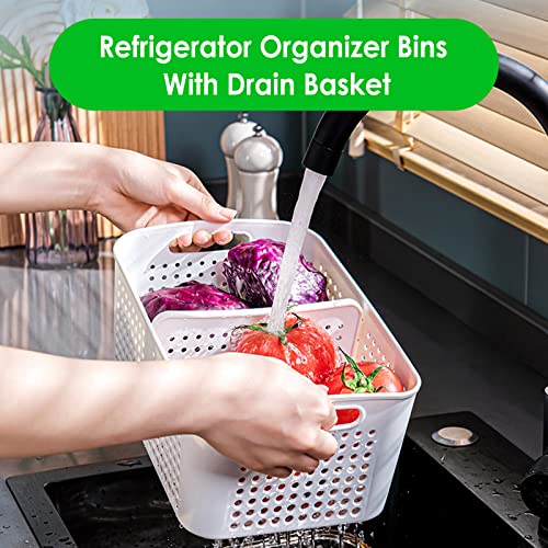 Kqiang 3 Pack Fridge Food Storage Container Set with Lids and Colander Fresh Produce Saver BPA-Free Plastic Vegetable Fruit Meat Storage Organization Bins