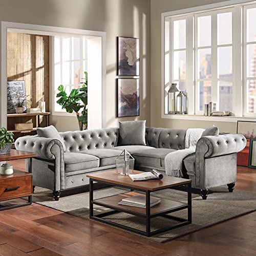 SIYAHOME Sofas & Couches 80 x 80 x 28“ Deep Button Tufted Velvet Upholstered Rolled Arm Classic Chesterfield L Shaped Sectional Sofa 3 Pillows Included, Grey, 808028