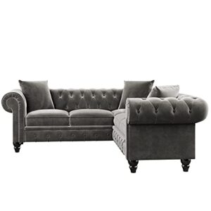 SIYAHOME Sofas & Couches 80 x 80 x 28“ Deep Button Tufted Velvet Upholstered Rolled Arm Classic Chesterfield L Shaped Sectional Sofa 3 Pillows Included, Grey, 808028