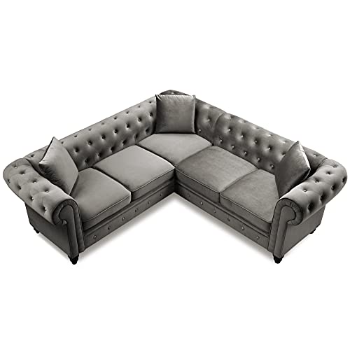 SIYAHOME Sofas & Couches 80 x 80 x 28“ Deep Button Tufted Velvet Upholstered Rolled Arm Classic Chesterfield L Shaped Sectional Sofa 3 Pillows Included, Grey, 808028