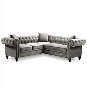 SIYAHOME Sofas & Couches 80 x 80 x 28“ Deep Button Tufted Velvet Upholstered Rolled Arm Classic Chesterfield L Shaped Sectional Sofa 3 Pillows Included, Grey, 808028