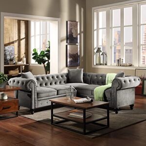 SIYAHOME Sofas & Couches 80 x 80 x 28“ Deep Button Tufted Velvet Upholstered Rolled Arm Classic Chesterfield L Shaped Sectional Sofa 3 Pillows Included, Grey, 808028