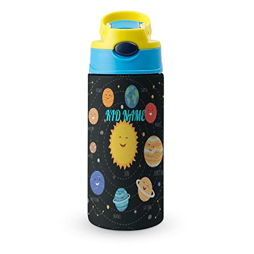 Custom Sun Galaxy Planet Kids Water Bottle for Girls Boys Personalized Insulated Stainless Steel Sports Water Bottles with Straw Lid Customized Reusable Drinking Bottles for School