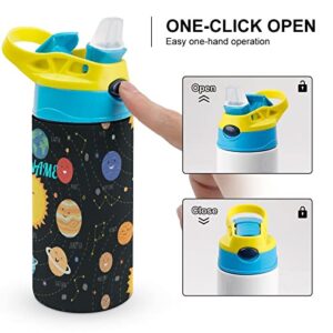 Custom Sun Galaxy Planet Kids Water Bottle for Girls Boys Personalized Insulated Stainless Steel Sports Water Bottles with Straw Lid Customized Reusable Drinking Bottles for School