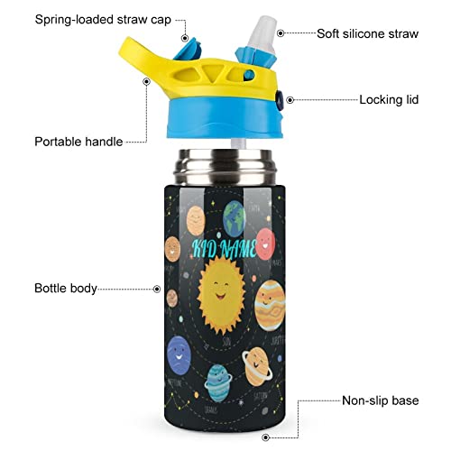 Custom Sun Galaxy Planet Kids Water Bottle for Girls Boys Personalized Insulated Stainless Steel Sports Water Bottles with Straw Lid Customized Reusable Drinking Bottles for School