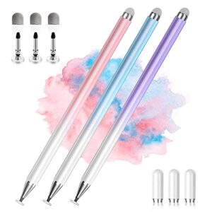 stylus pens for touch screens, 2 in 1 high precision universal stylus pen for ipad compatible with apple, iphone, ipad, android, microsoft tablets, phones, 3 pack-blue, pink, purple