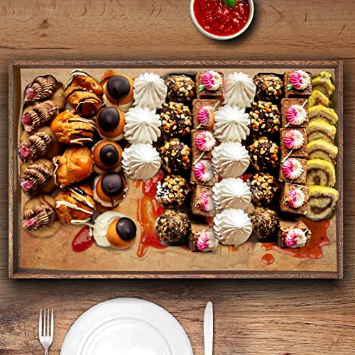 28x18'' Large Ottoman Tray,Walnut Wood Decorative Serving Tray with Handles for Breakfast,Dinner, Appetizers, Patio, Ottoman, Coffee Table, BBQ, Party –4 Coasters and 5 Greaseproof Papers for Free