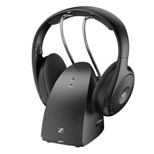 sennheiser rs 120-w on-ear wireless headphones for crystal-clear tv listening with 3 sound modes, lightweight design, easy volume control, 60 m range and convenient transmitter/charger combo - black