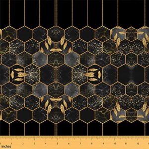 marble upholstery fabric, black grey geometric gold plaid fabric by the yard, modern luxury diamond decorative fabric with metallic stripe printed beehive hexagon grid fabric, 2 yards