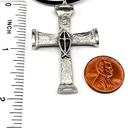 Horse Nails Antique Silver Cross Pendant Black Rubber Cord Necklace