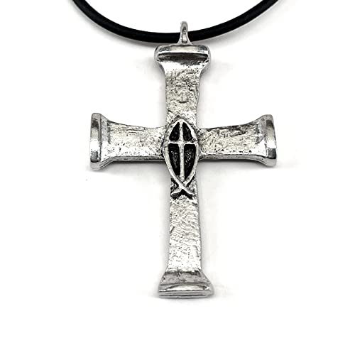 Horse Nails Antique Silver Cross Pendant Black Rubber Cord Necklace