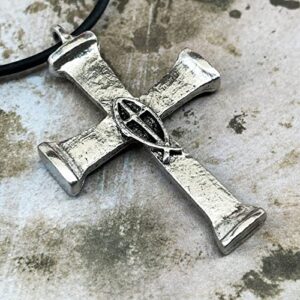 Horse Nails Antique Silver Cross Pendant Black Rubber Cord Necklace