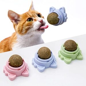 podoo catnip toys for cats, 3 pack edible balls for teeth cleaning, self-adhesive and rotatable kitten chew toy, safe and healthy wall cat toys