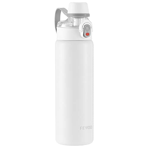 FEWOO 24 Oz Insulated Water Bottle with One Lid for Sip and Swig Stainless Steel Water Bottle With Straw BPA-Free,Keep Cold for 24h & Hot for 12h (WHITE)¡­