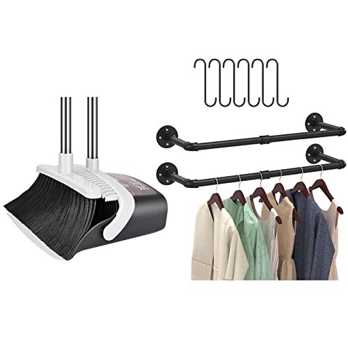 Industrial Pipe Clothes Rack for Hanging Clothes Coats Laundry Room Organizer Storage Hanger Shelf Space Saving, Long Handle Broom and Dustpan Set