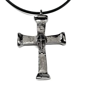 horse nails dark metal finish cross pendant black rubber cord necklace