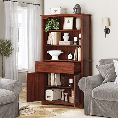 AOGLLATI Bookcase Bookshelf with Doors & Cabinet, 5-Tier Tall Bookshelf, Free Standing Book Shelf with Drawer & Storage Shelves, Bookshelf for Living Room Bedroom Kitchen Home Office Cherry Finish