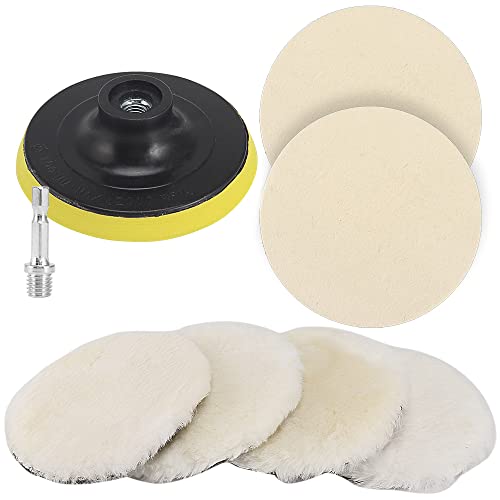 SI FANG 8Pcs 4 Inch Wool Polishing-Buffing Pads Kit with Hook & Loop Backer Plate M10 Thread Drill Adapter, Wool Waxing Polishing Pad and Felt Buffing Wheel Car Buffer Drill Attachment