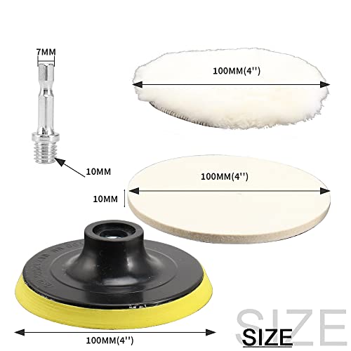 SI FANG 8Pcs 4 Inch Wool Polishing-Buffing Pads Kit with Hook & Loop Backer Plate M10 Thread Drill Adapter, Wool Waxing Polishing Pad and Felt Buffing Wheel Car Buffer Drill Attachment