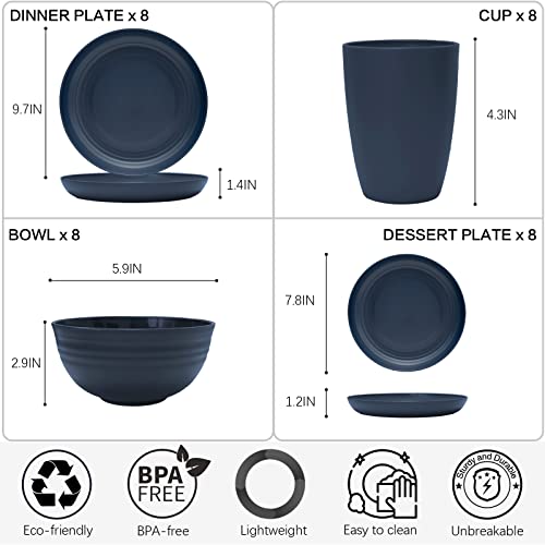 Plastic Dinnerware Sets for 8,Dhnvcud 32pcs Unbreakable,Lightweight & Reusable Dinnerware Set,Plates, Bowls, Cups,Service for 8,Microwave Dishwasher Safe Dishes Sets for Kitchen,Camping,RV